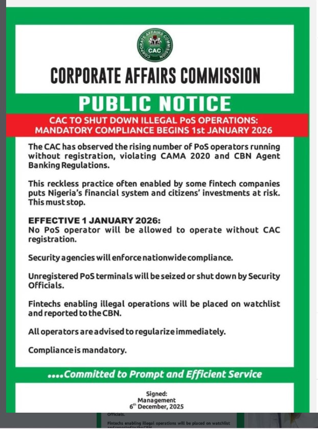 CAC To Shut Down Unregistered PoS Operators in January